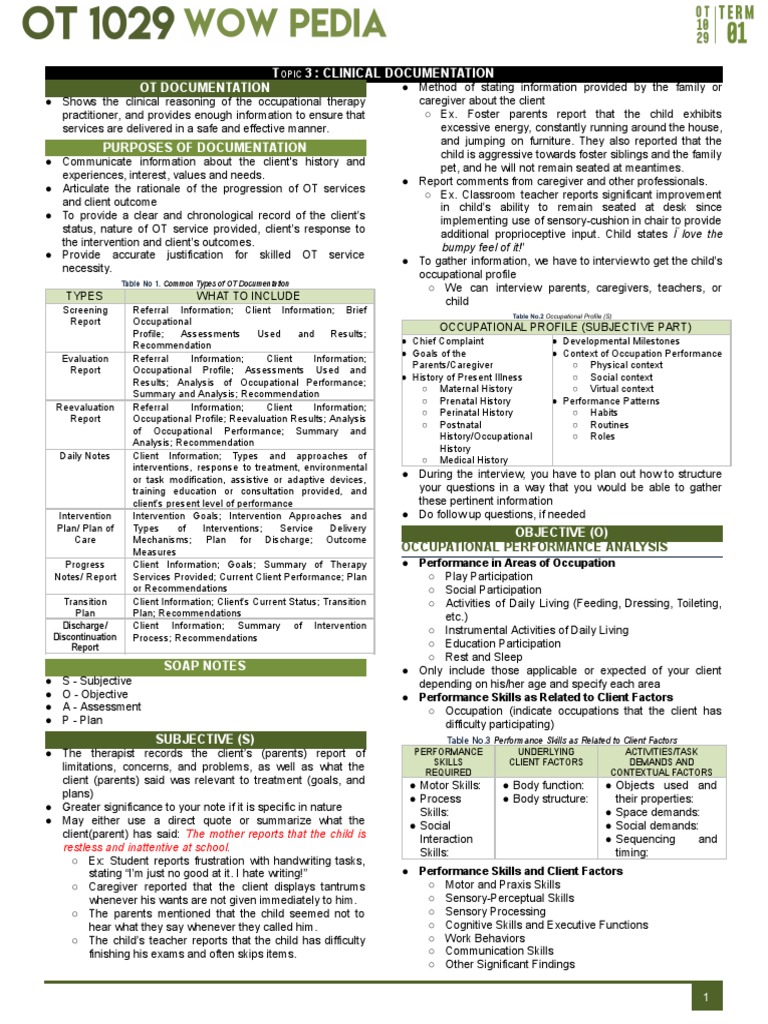 Topic 3 - Clinical Documentation | PDF | Occupational Therapy | Goal