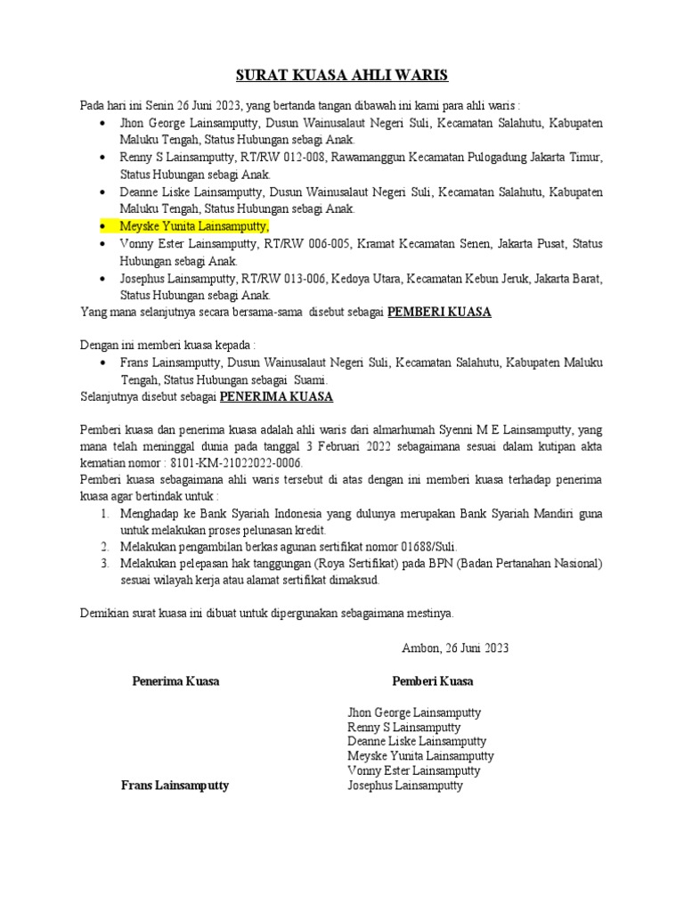 Surat Kuasa Ahli Waris | PDF