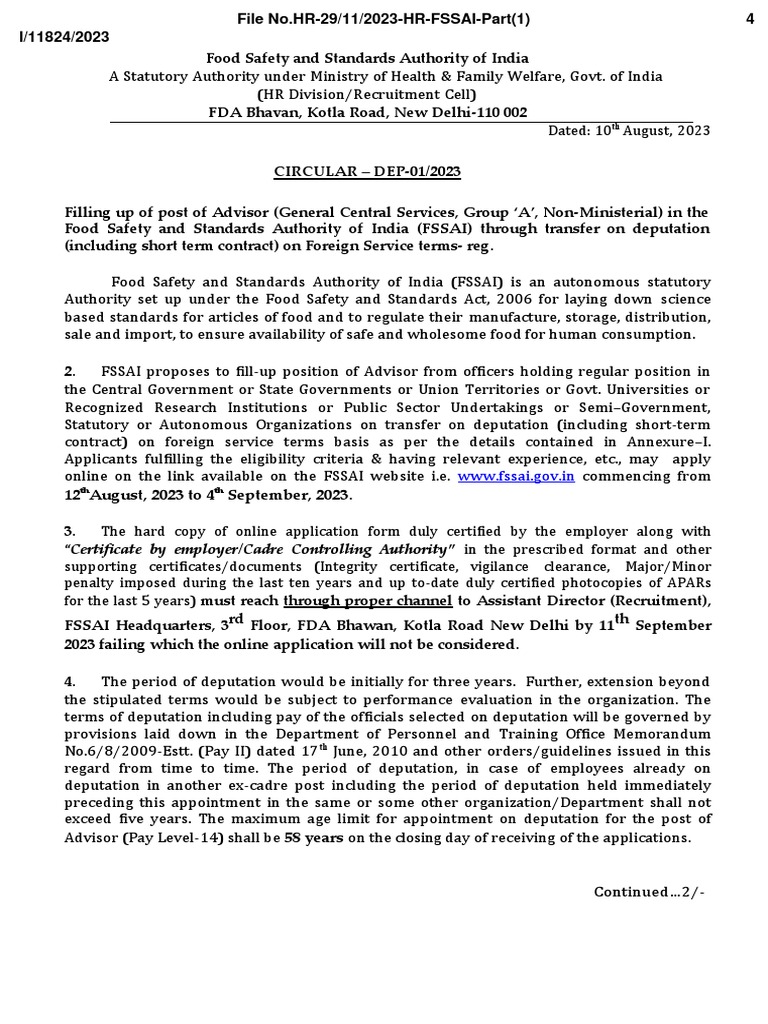 FSSAI Advisor Post Recruitment 2023 | PDF | Foods | Academic Degree
