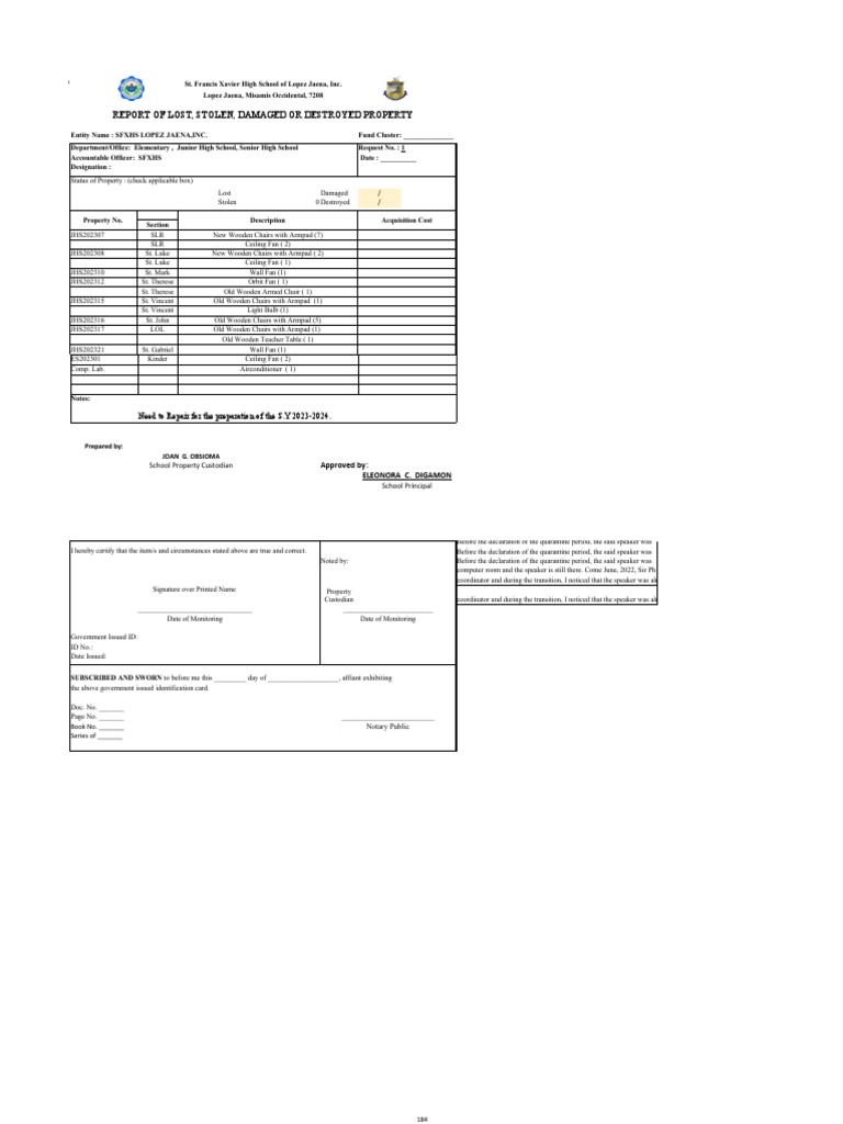 Appendix 75 - Report of Lost, Stolen, Damaged or Destroyed Property ...