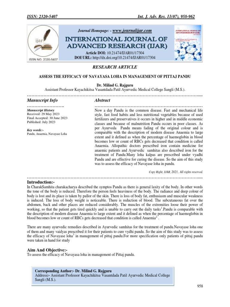 Efficacy of Navayasa Loha for Pitta Pandu | PDF | Anemia | Ayurveda