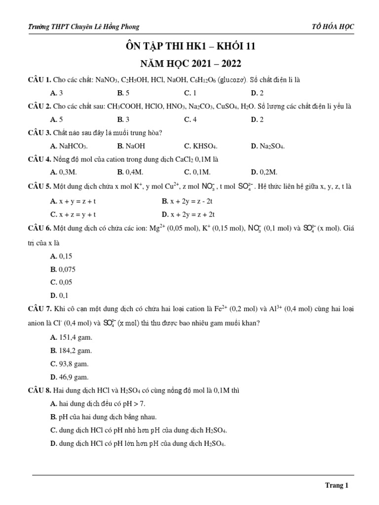K11-ÔN TẬP THI HK1 (HỌC SINH) | PDF