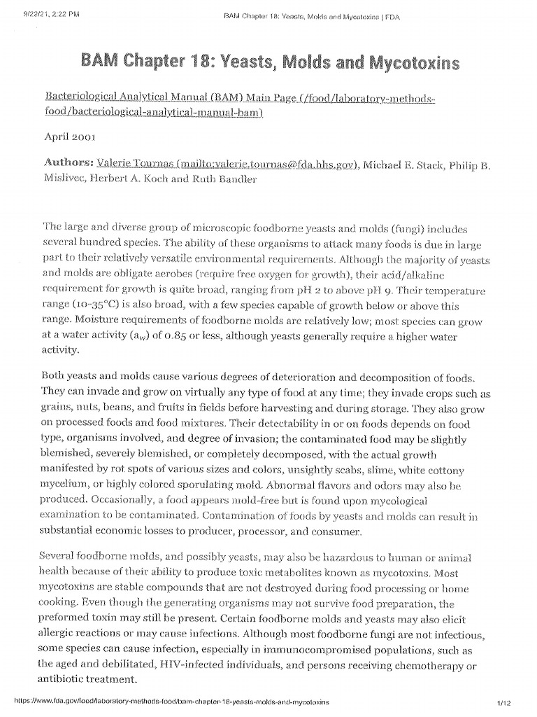 BAM Chapter 18. Yeast, Molds and Mycotoxins | PDF