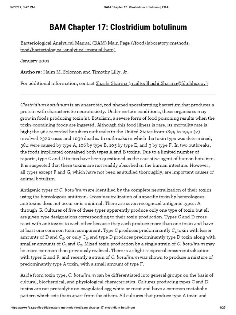 BAM Chapter 17. Clostridium Botulinum | PDF | Botulinum Toxin | Chemistry