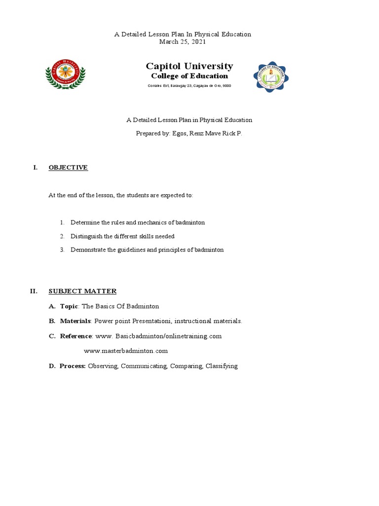 Lesson Plan Badminton 2021 | PDF | Cognition | Learning