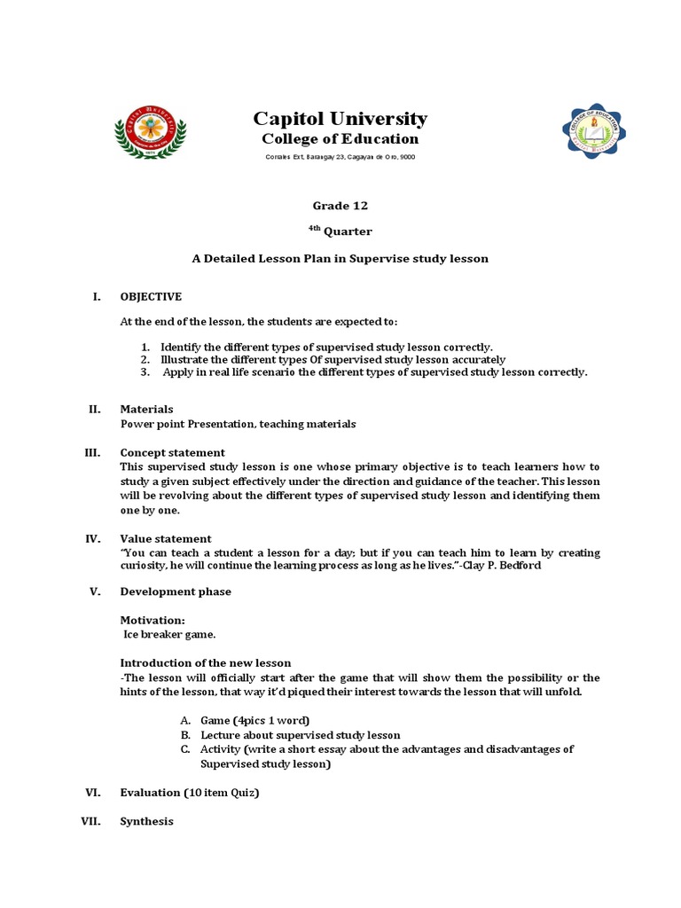 Lesson Plan Supervised Study | PDF | Teachers | Lesson Plan