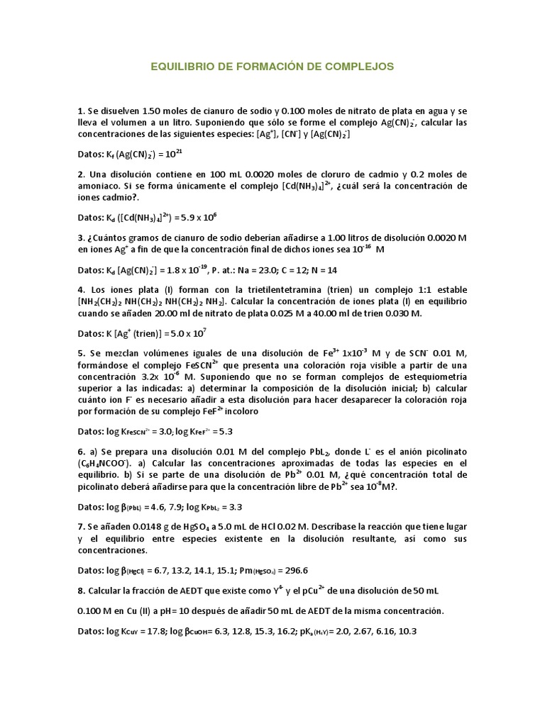 Equilibrio de Formación de Complejos | PDF | Concentración | Amoníaco