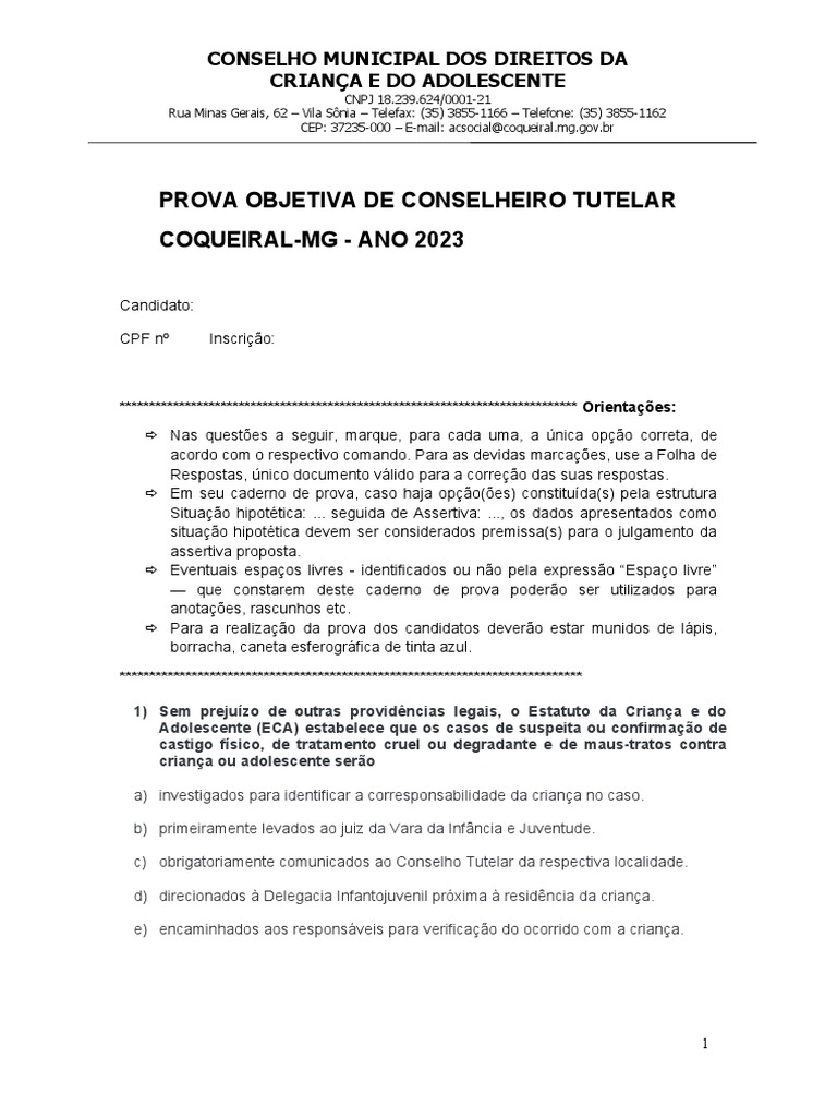 Prova Conselho Tutelar | Download grátis PDF | Eleições | Família Prova Conselho Tutelar | Download grátis PDF | Eleições | Família