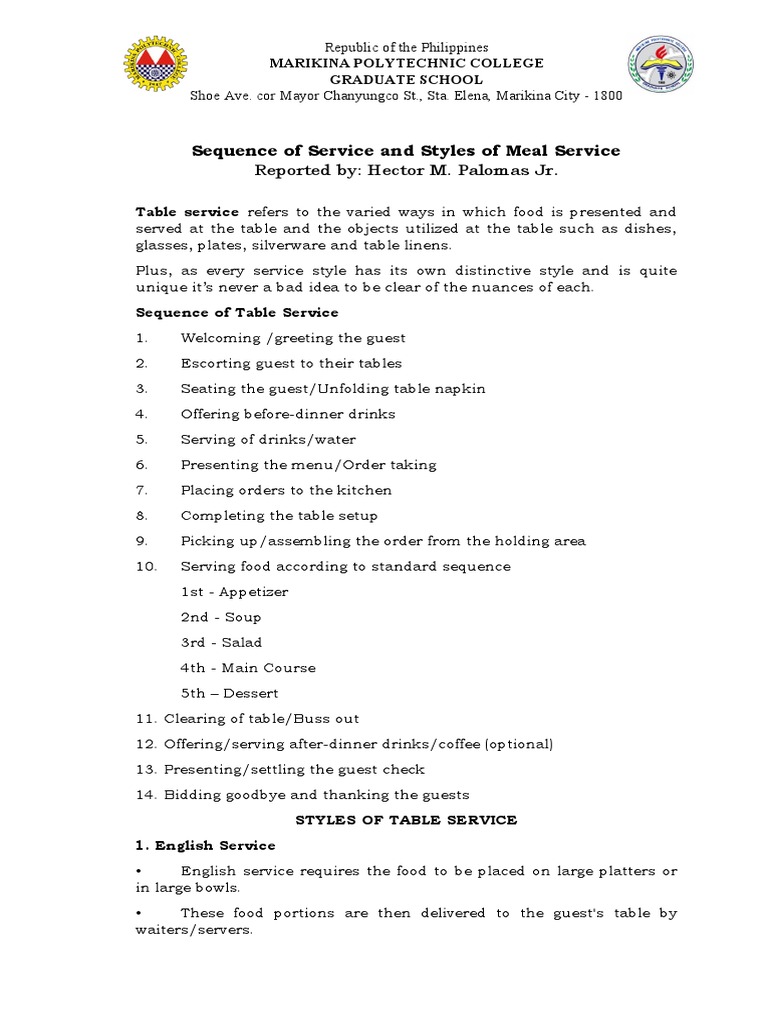 Sequence of Service and Styles of Meal Service - Handout | PDF ...