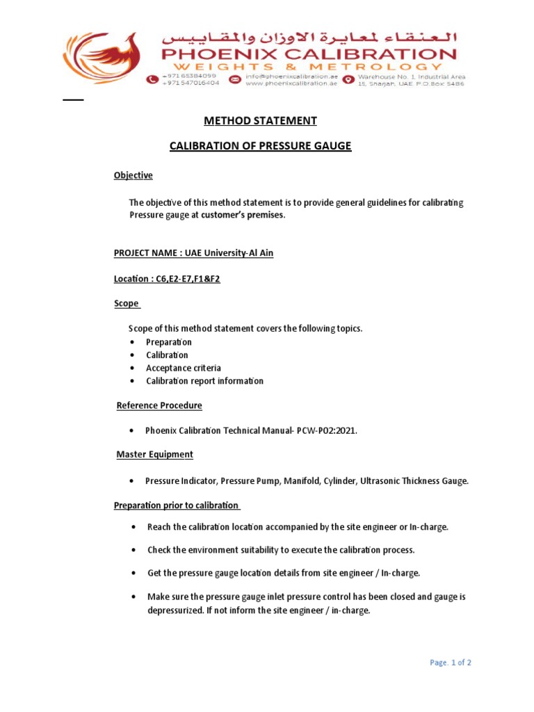 METHOD STATEMENT PRESSURE GAUGE UAE Uni. | PDF | Calibration | Pressure ...