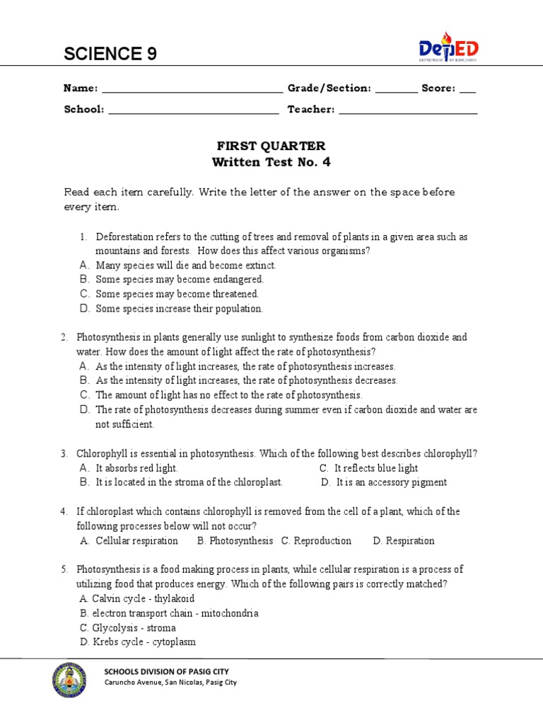 Grade 9 WW 4 | PDF | Photosynthesis | Cellular Respiration