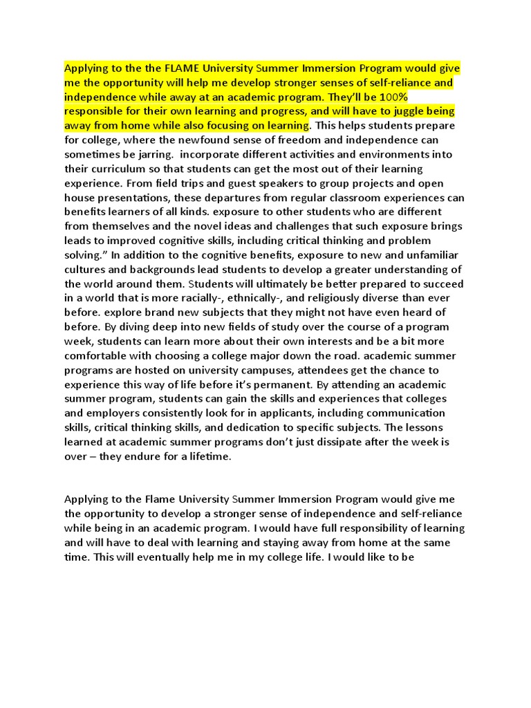 Applying To The The FLAME University Summer Immersion Program Would Give Me The Opportunity Will ...