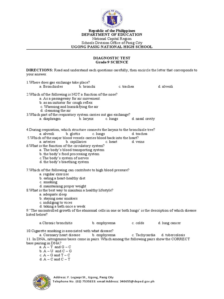 Diagnostic-Test-Grade-9 Science - And-G8 Math | PDF | Lung ...