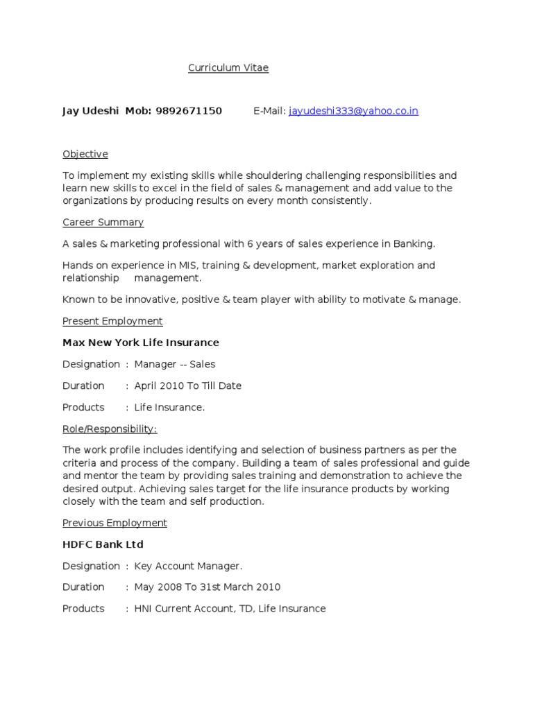 Jay CV | PDF | Sales | Life Insurance