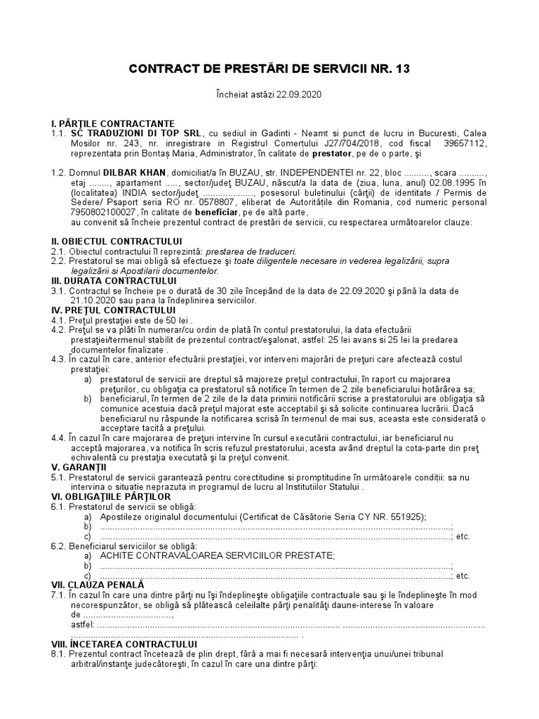 Contract de Prestari Servicii Indian | PDF