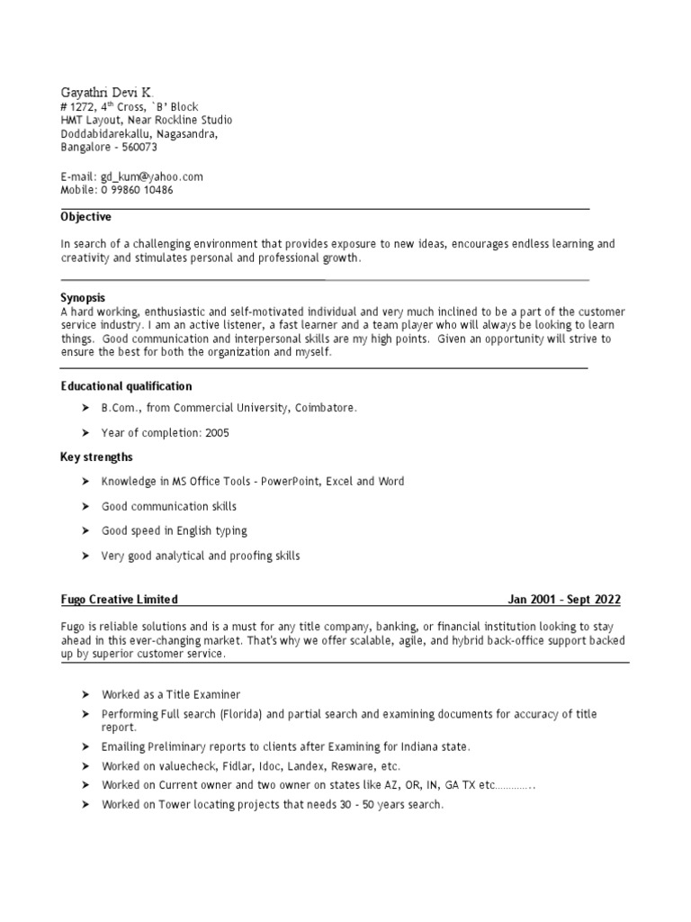 Gayathri Devi Resume | Download Free PDF | Title Insurance | Mortgage Loan Gayathri Devi Resume | Download Free PDF | Title Insurance | Mortgage Loan