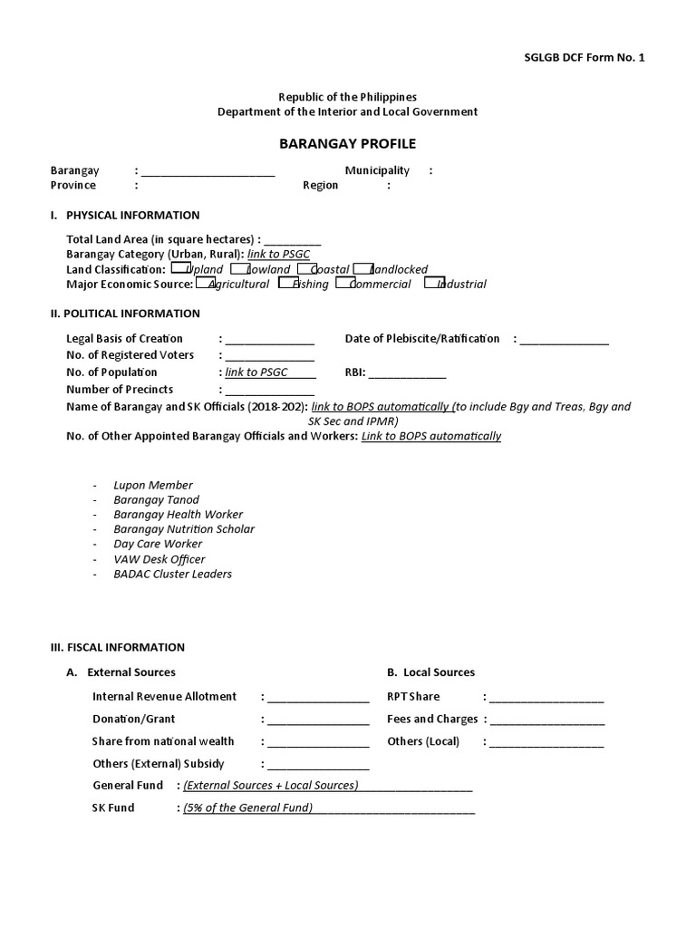 SGLGB Form No. 1 Barangay Profile - Final Without Demographic Data | PDF | Water | Economies