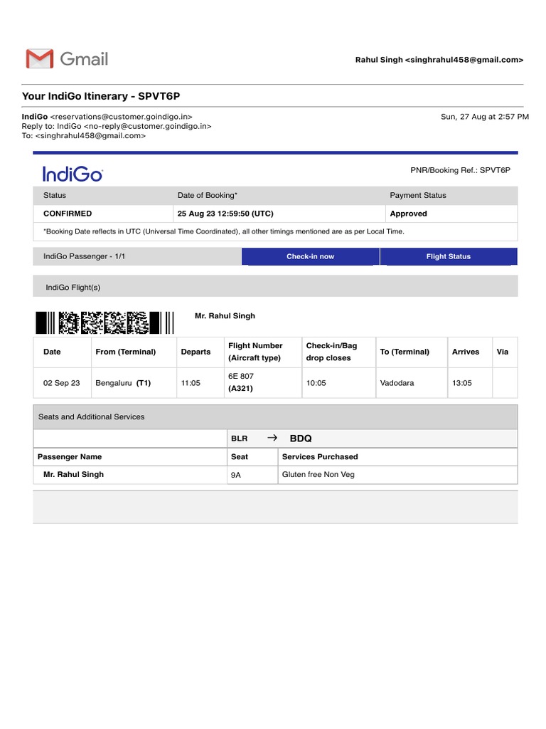 Your IndiGo Itinerary - SPVT6P | PDF | Airport