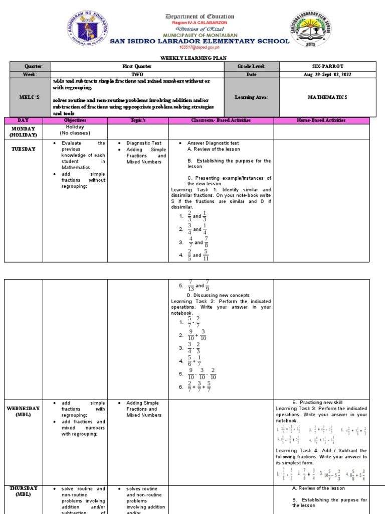 Math Weekly Learning Plan Week2 | PDF | Mathematics | Cognitive Science