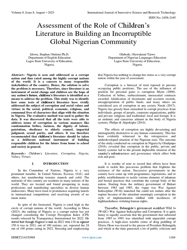 Assessment of The Role of Children's Literature in Building An ...