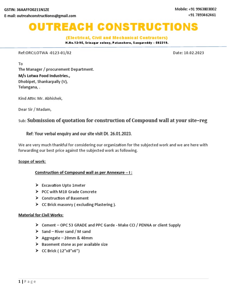 Revised Quotation For Compound Wall (Only Brick Work) - Lotwa Foods ...