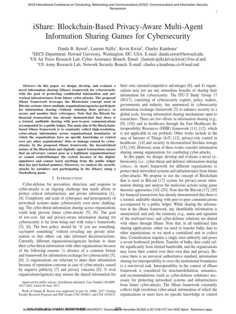 Ishare Blockchain-Based Privacy-Aware Multi-Agent Information Sharing Games For Cybersecurity ...
