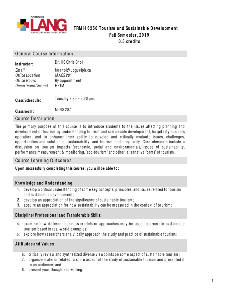 TRMH 6250 Fall 2019 Course Outline - Chris Choi | PDF | Sustainability | Tourism