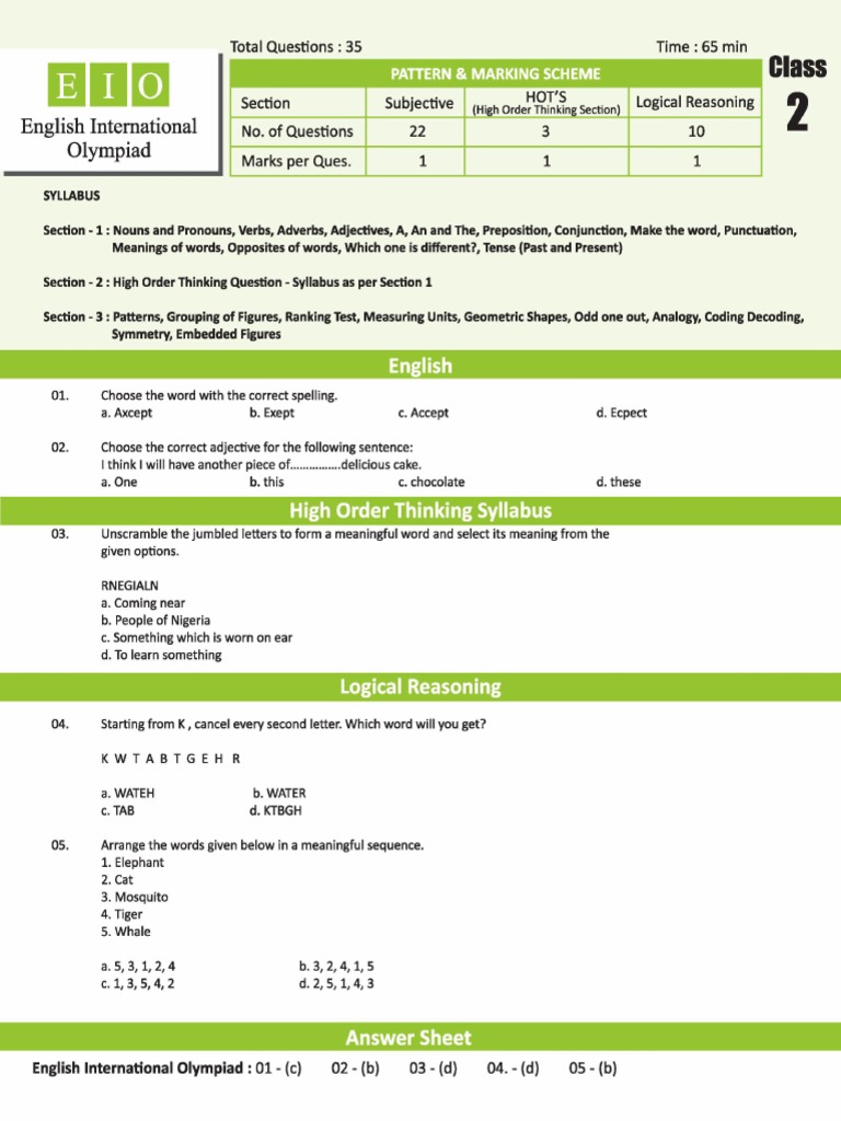 EIO Class 2 Sample Paper | PDF