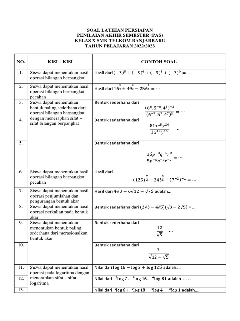 Soal Latihan Pas Semester Ganjil Kelas X | PDF