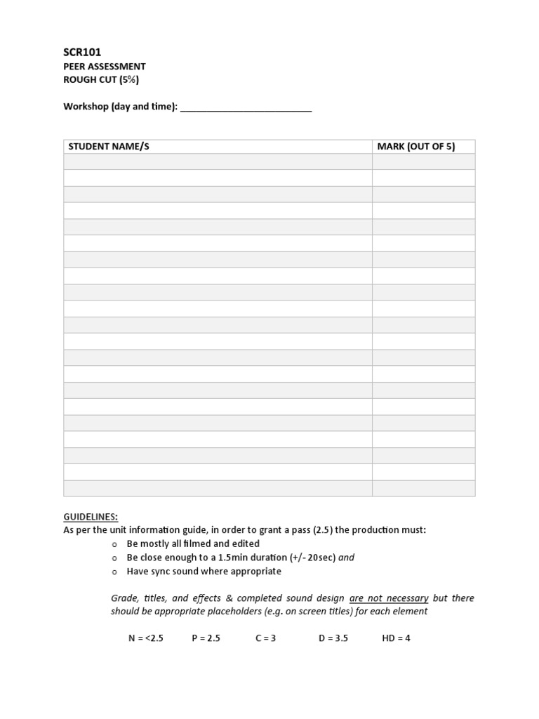 Scr101 - Rough Cut Peer Assessment Template | PDF