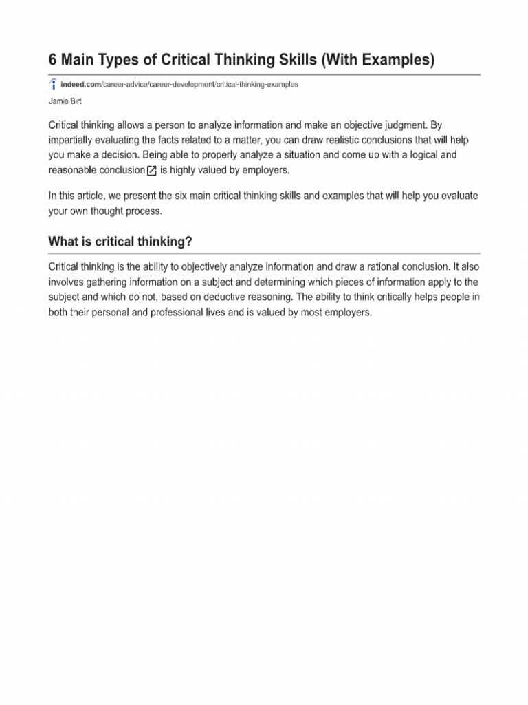 6 Main Types of Critical Thinking Skills (With Examples) - Indeed | PDF