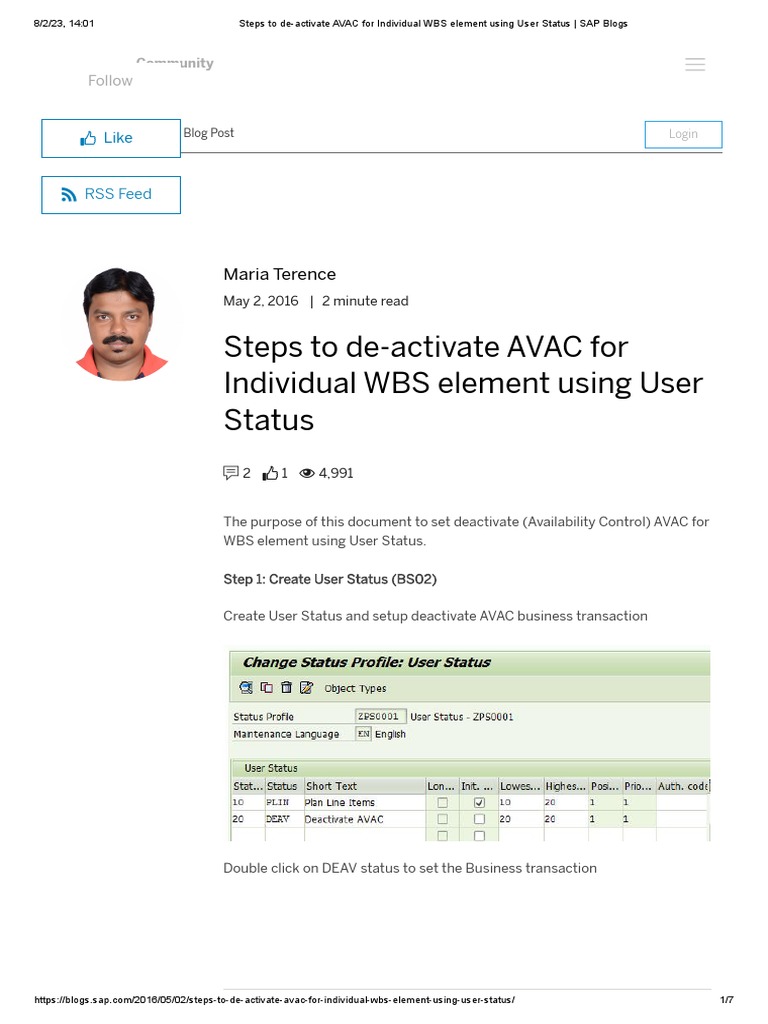 Steps To De-Activate AVAC For Individual WBS Element Using User Status - SAP Blogs | PDF ...
