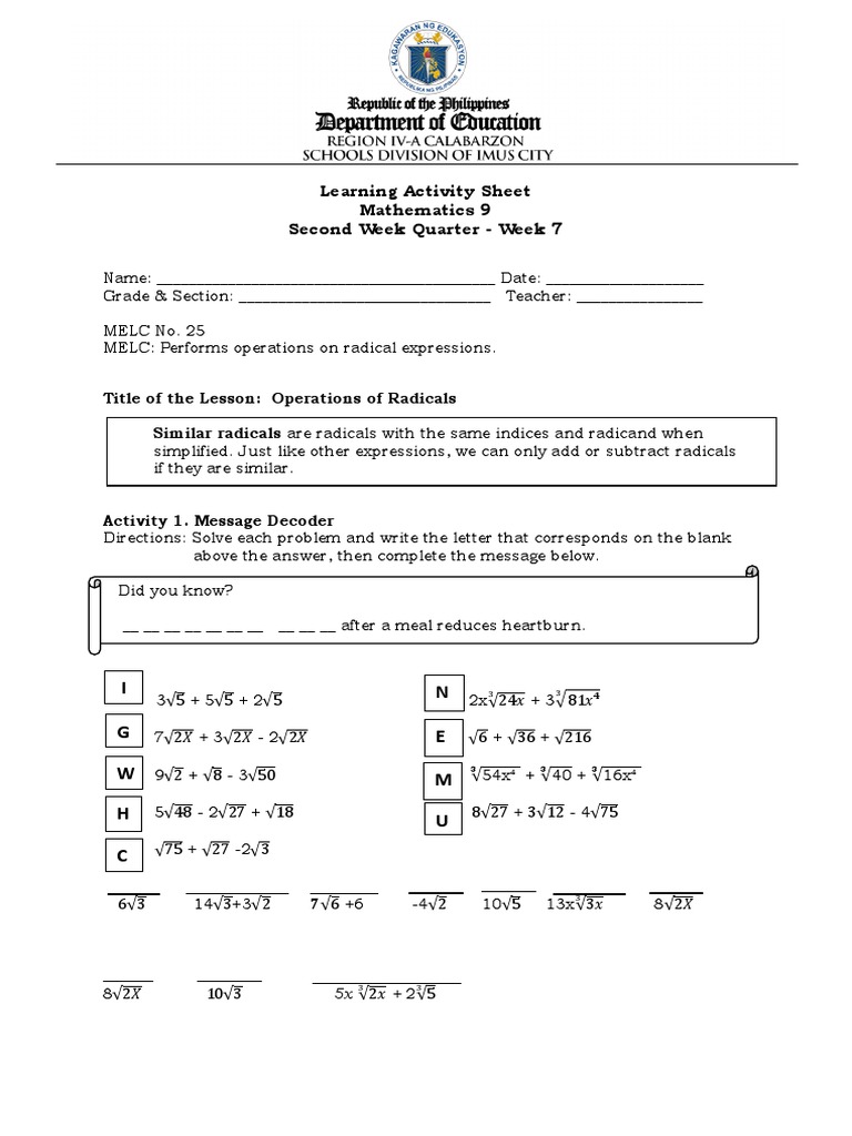 Math G9 Q2 W7 LAS | PDF | Mathematics | Applied Mathematics
