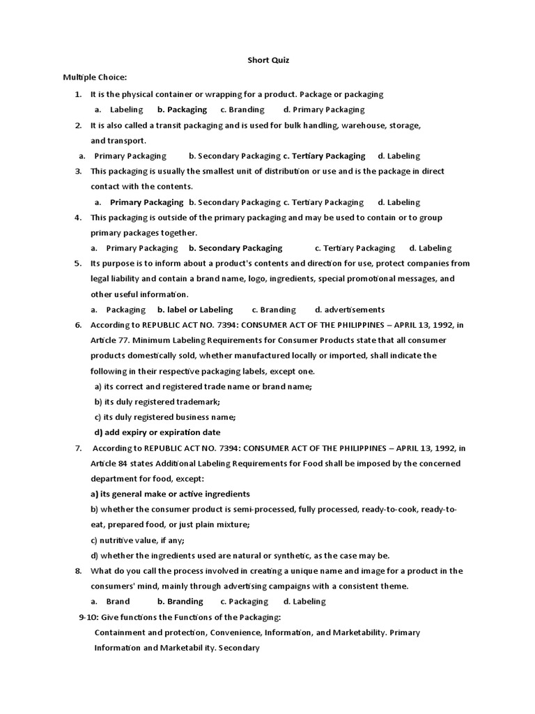 1st Short Quiz in Packaging | PDF | Packaging And Labeling | Brand