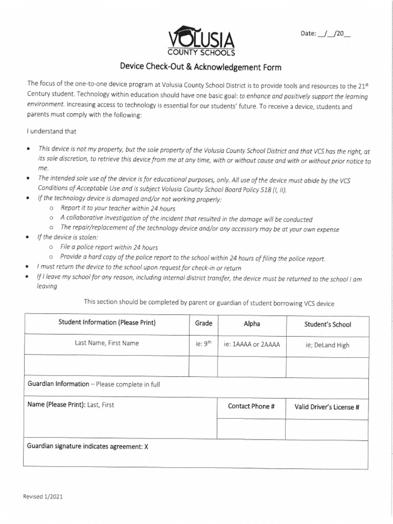 Student Device Check-Out and Acknowledgement Form | PDF
