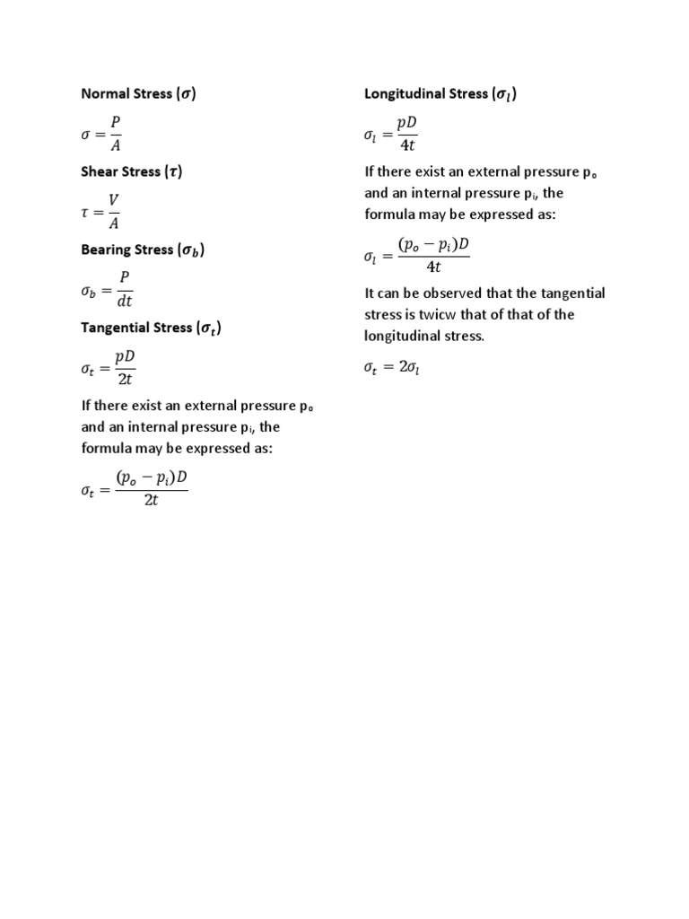 Stress Formulas for Pressure Analysis | PDF