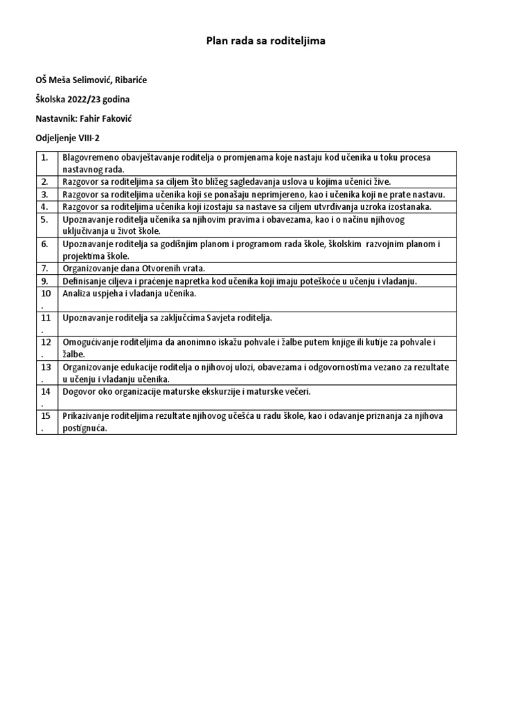 Plan Rada Sa Roditeljima | PDF
