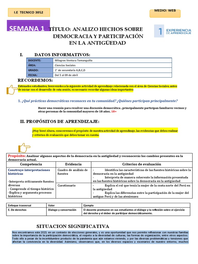 Sem.01 Analizamos La Participacion Democratica en La Sociedad Antigua Primer Año | PDF ...