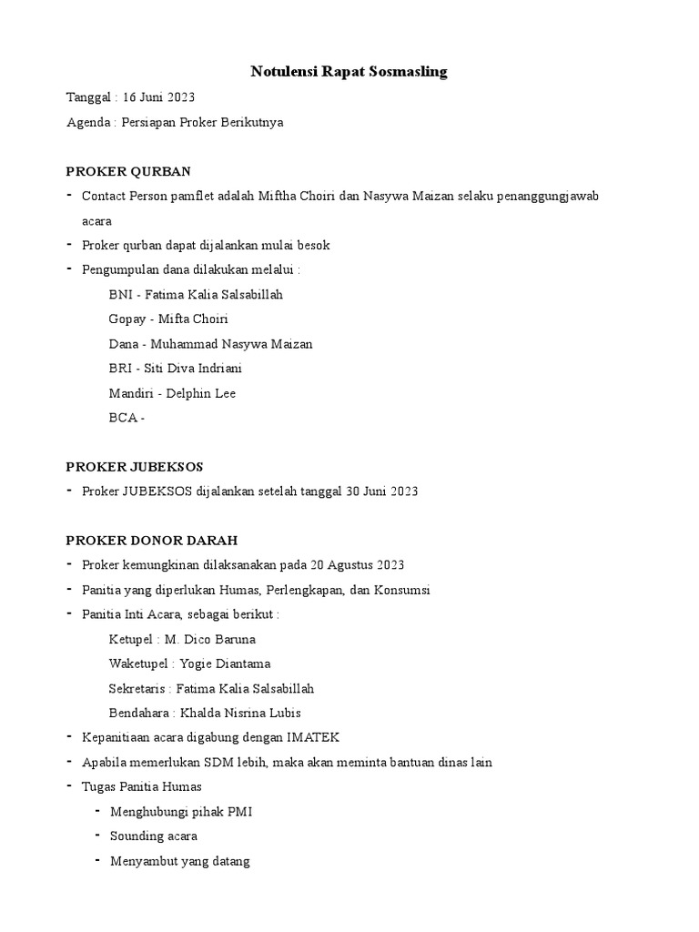 Notulensi Rapat Sosmaling - 16 Juni 2023 | PDF