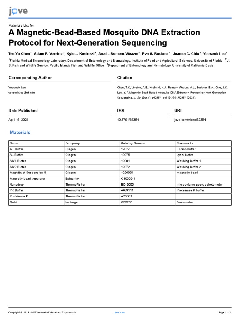 Jove Materials 62354 A Magnetic Bead Based Mosquito Dna Extraction ...