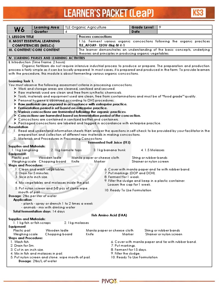 Q4 AFA Organic Agriculture 9 Week6 | PDF | Learning | Fermentation