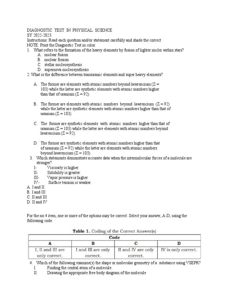 Diagnostic Test in Physical Science | PDF | Chemical Elements ...