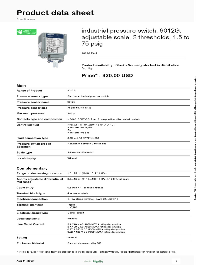 Pressure Switches - Square D™ NEMA - 9012GAW4 | PDF | Pressure | Switch