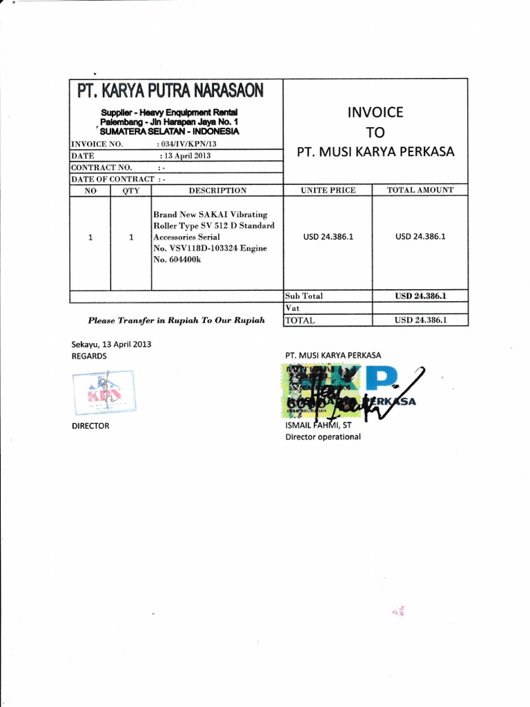 Invoice Excavator Vibratory Roller Pdf