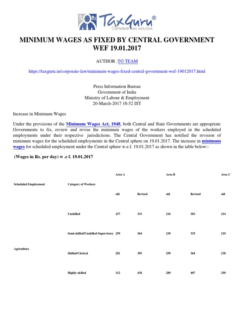 Revised Minimum Wages in India 2017 | PDF | Labor Relations | Labor