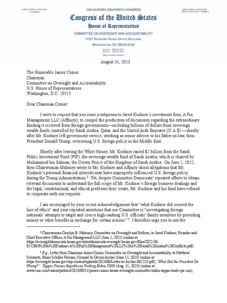 2023-08-31.JBR To Comer Re Kushner Subpoena | PDF | Jared Kushner