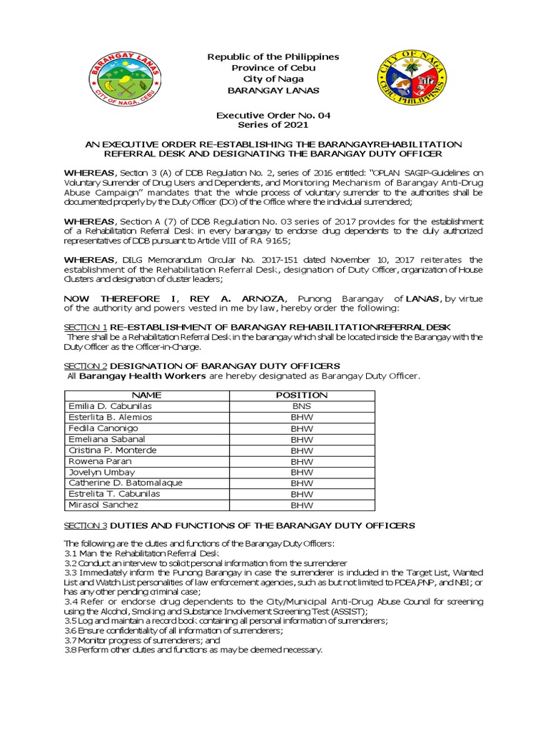 Executive Order No. 4 Series 2021 Barangay Duty Officers | PDF | Social ...