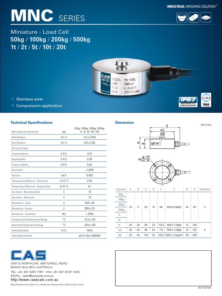 CAS MNC Miniature Load Cell Brochure | PDF | Equipment | Electricity