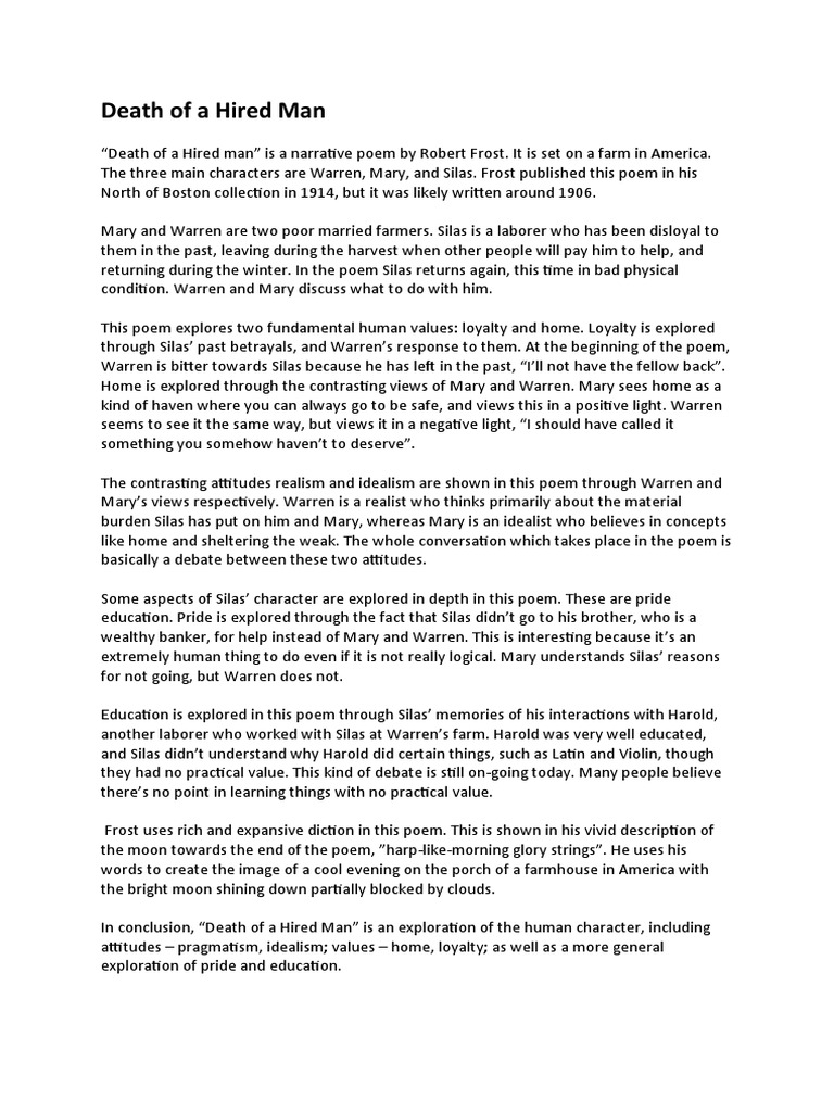 Death of A Hired Man | PDF | Idealism | Poetry