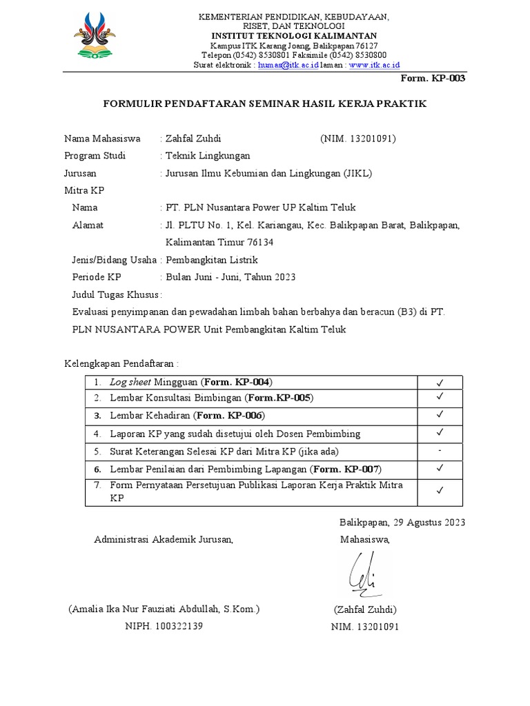 FORM KP-003 (Formulir Pendaftaran Seminar Hasil KP) | PDF